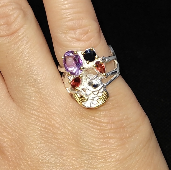 Jewelry | Nice Genuine Sapphire Amethyst Garnet Fish Art Rin | Poshmark